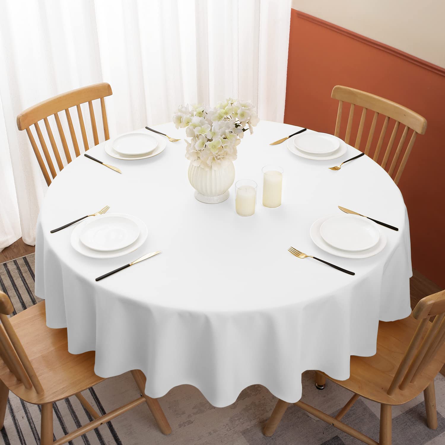 Softalker Round Tablecloth, Waterproof & Stain Resistant Table Cloth Wrinkle Free Fabric Washable 210GSM Polyester Table Cover for Spring/Party/Outdoor - 60 inch,White