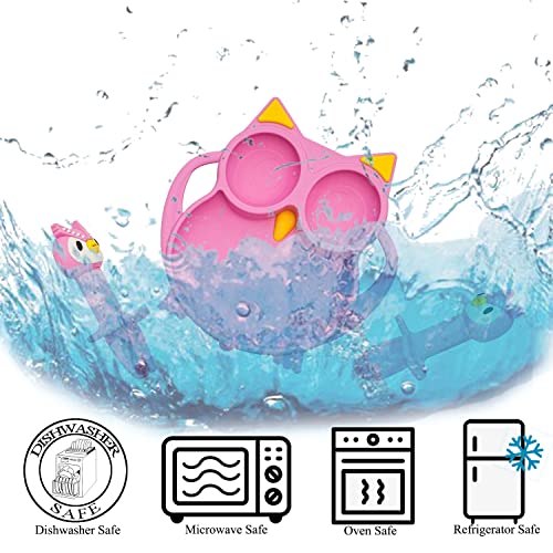 KAVONOI Baby Toddler Silicone Suction Plate with Spoon&Fork And Adjustable Bib Set,Silicone Baby Feeding Utensils Set,Baby Toddler Led Weaning Supplies Set-Pink Owl Set