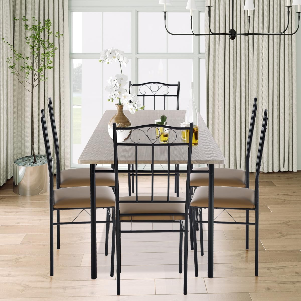 Dining Table Set for 6, Kitchen Table and Chairs for 4-6 People, 7 Piece Kitchen Table Sets, Rectangular Dining Room Table Set with 6 PU Leather Chairs, Beech/Brown