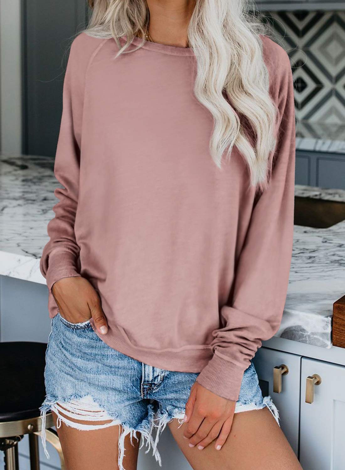 Canikat Womens Autumn Ladies Loose Fit Crewneck Ribbed Raglan Long Sleeve Casual Solid Tops Blouses Fashion T-Shirts Thin Pullovers Sweatshirt Pink M