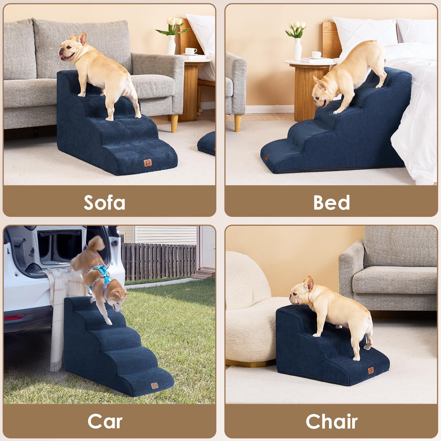 EHEYCIGA Curved Dog Stairs Ramp for High Beds 19.7" H, 4-Step Dog Steps for Small Dogs and Cats, Pet Stairs for High Bed Climbing, Non-Slip Balanced Pet Step Indoor, Navy