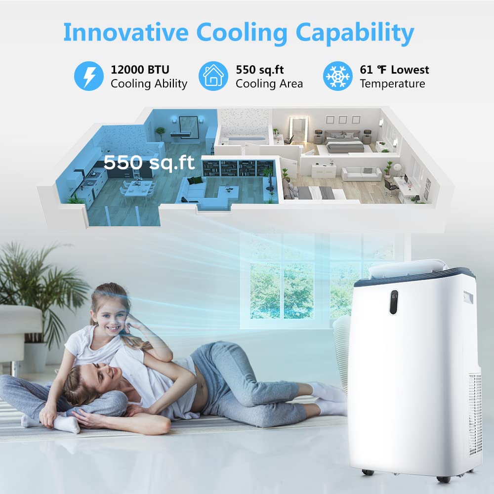 Portable Air Conditioner - Rintuf 12000 BTU Portable AC, Cools Rooms up to 550 Sq.ft, Also as Dehumidifier & Fan & Smart Timer, with Handy Remote, Washable Filter, Universal Wheels, Window Kit