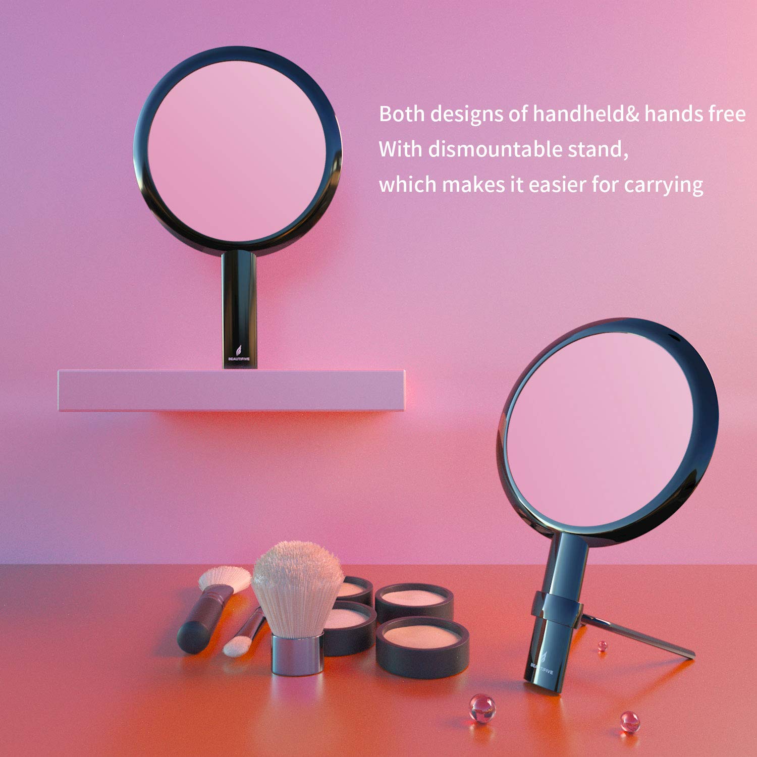 Beautifive Hand Mirror, Hand Held Mirrors with Adjustable Handle,1x/10x Magnifying Double Sided Handheld Makeup Mirror with Stand for Vanity Beauty Travel Table Desk Shaving Bathroom (Black)
