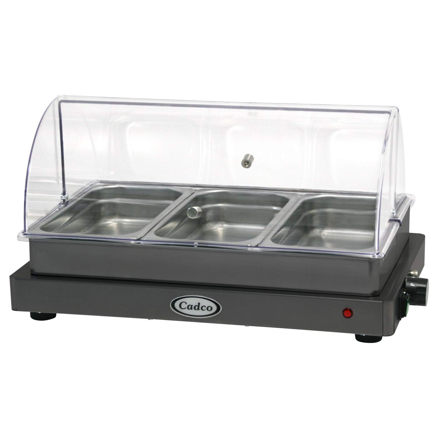 Cadco Triple Buffet Server w/Rolltop Lid, Heavy Duty - 1 SS Pan Holder, 3 Third Size SS Pans, 1 Eastman TritanTM copolyester Rolltop Lid, Variable Heat Control, 300W