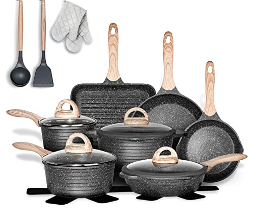 JEETEE Pots and Pans Set Nonstick 20PCS, Granite Coating Cookware Sets Induction Compatible with Frying Pan, Saucepan, Sauté Pan, Grill Pan, Cooking Pots, PFOA Free, (Grey, 20pcs Cookware Set)