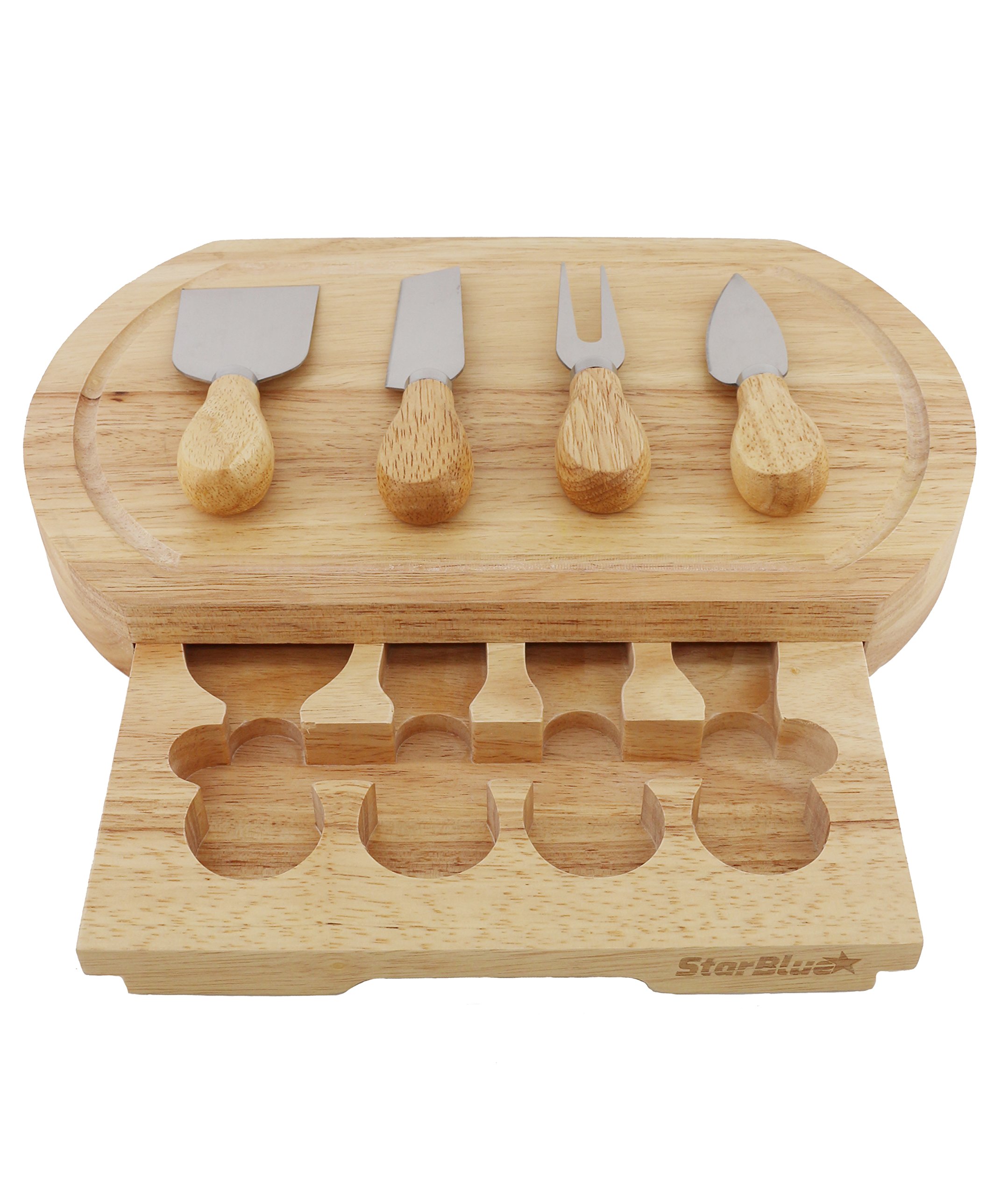 Cheese Board Set by StarBlue - with 4 Knives and Slide Out Drawer | Large Oak Wooden Cheese and Platter Cutting Serving Plate Tray | Best for Housewarming and Birthday Gift