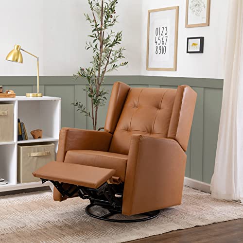 DaVinci Maddox Recliner and Swivel Glider in Vegan Tan Leather, Greenguard Gold & CertiPUR-US Certified