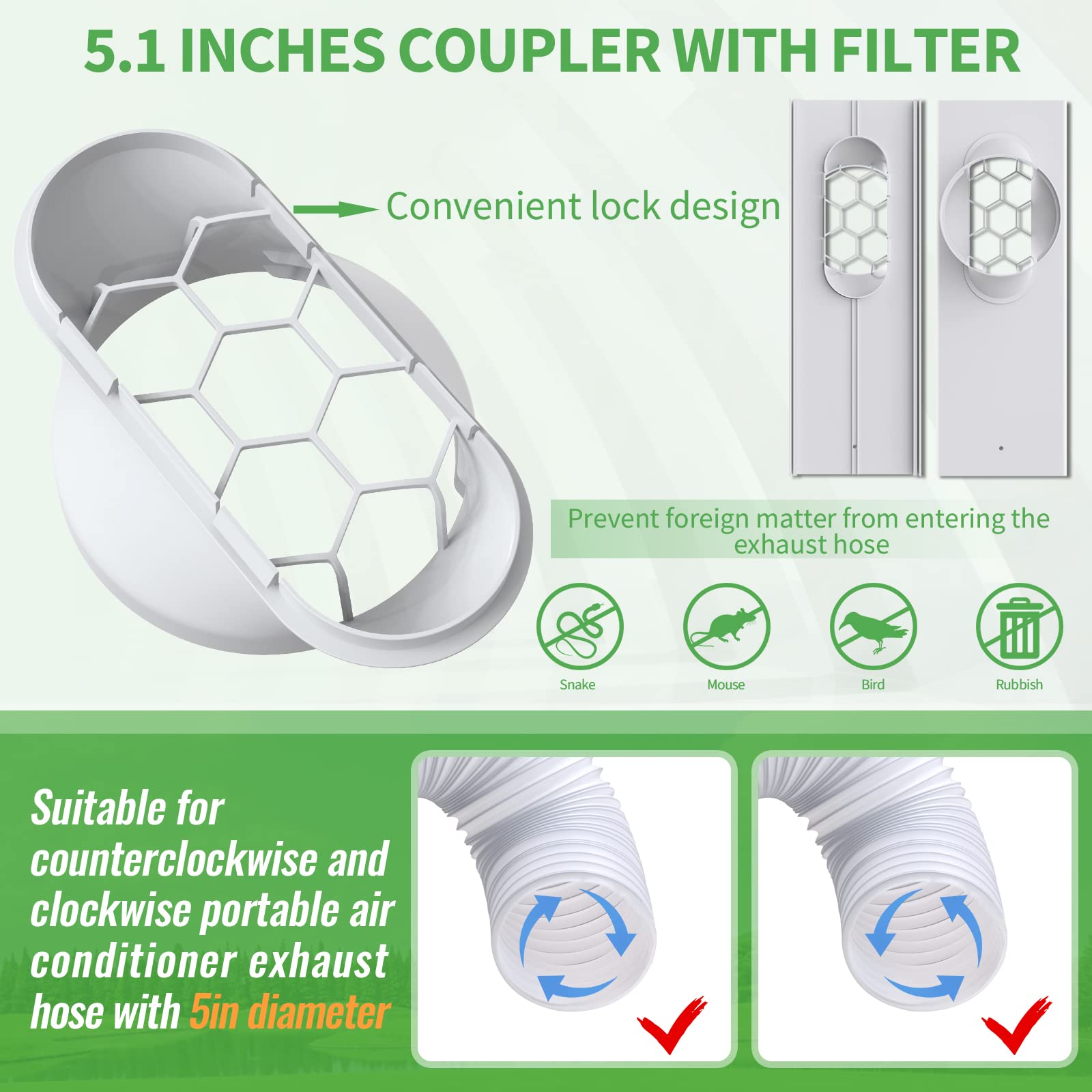 Portable Air Conditioner Window Seal Kit with Coupler for 5-5.1" Exhaust Hose, AC Window Kit with Vent Screen for Sliding Window, Adjustable 17"- 62" Sealing Panels, NOT Applicable for 5.9" Hose
