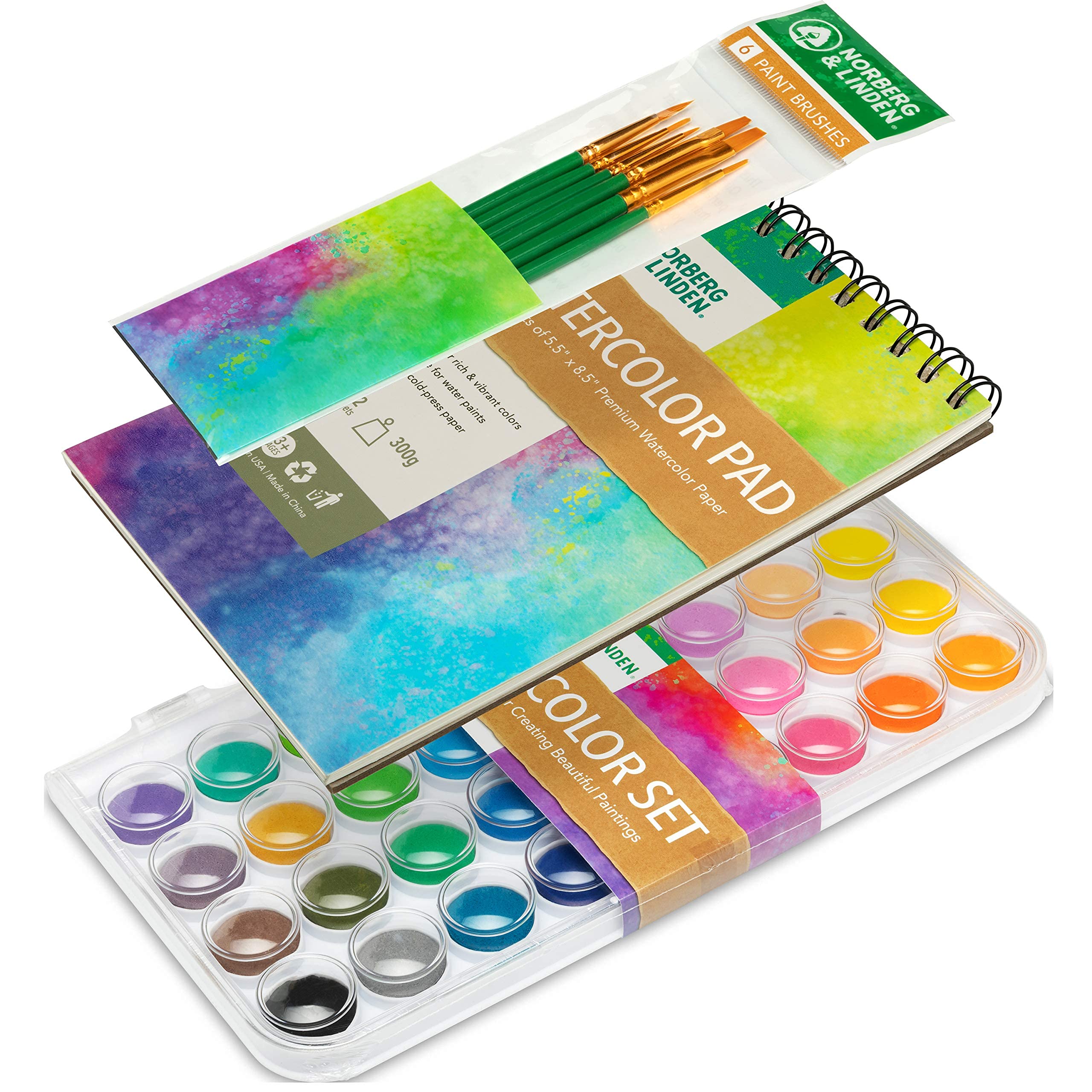 Watercolor Paint set 36 Premium Paints-12 Page pad - 6 Brushes Bundle with 2 Pack Sketch Pad