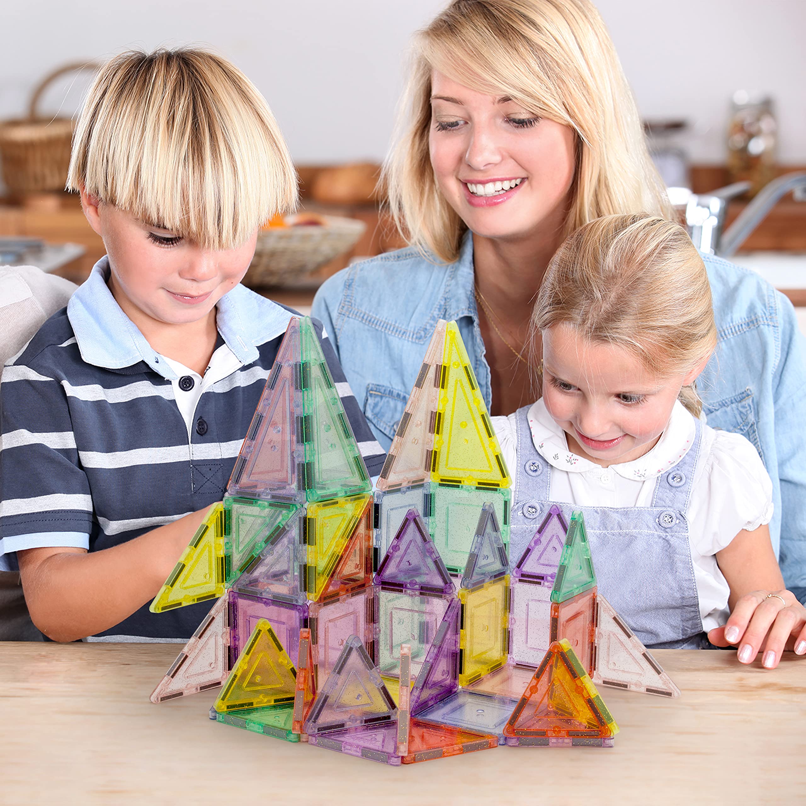PicassoTiles Magnetic Tiles Blocks Magnet Tile Magnets Building Blocks Construction Toy Set with Reflective Leaf Flakes Magnetic Building Tiles Toys STEM Learning Kit Stacking Block Playset PTJ48