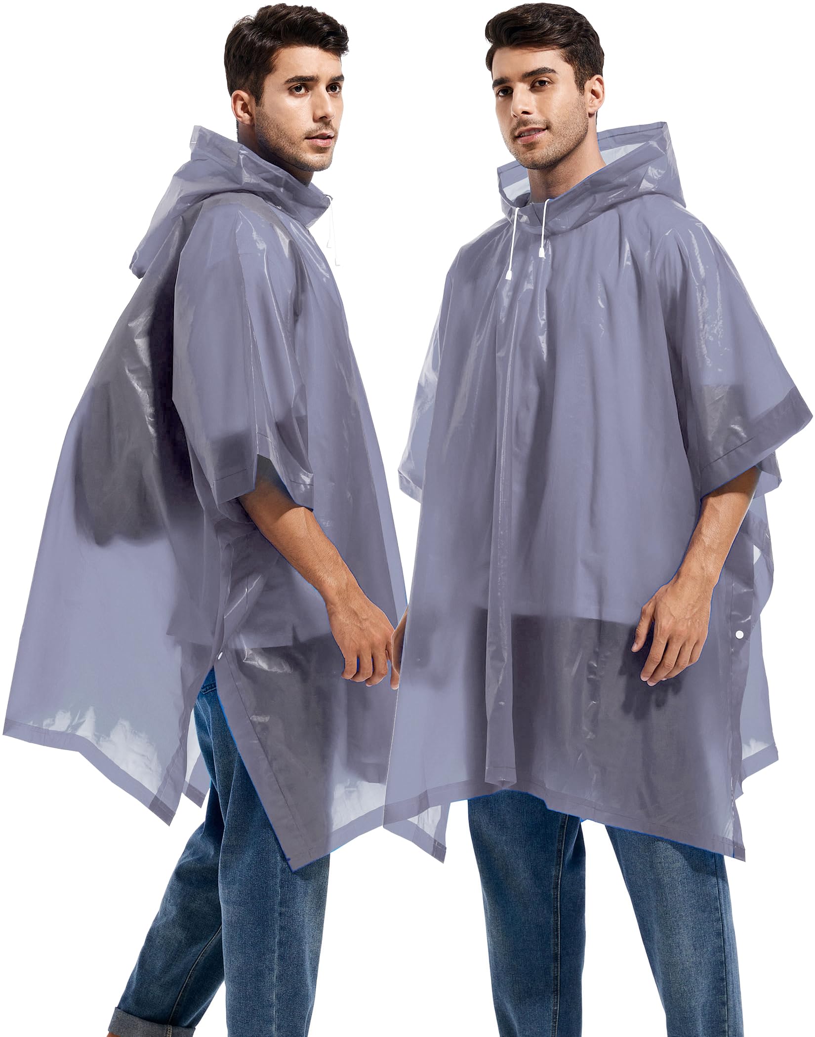Borogo 2 Pack Rain Ponchos for Adults Reusable - Raincoats Survival Emergency Heavy Duty Rain Coat with Drawstring Hood Grey