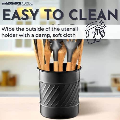 Monarch Abode Handcrafted Wave Embossed Large Metal Kitchen Countertop Utensil Holder Crock Caddy, Antique Copper Finish