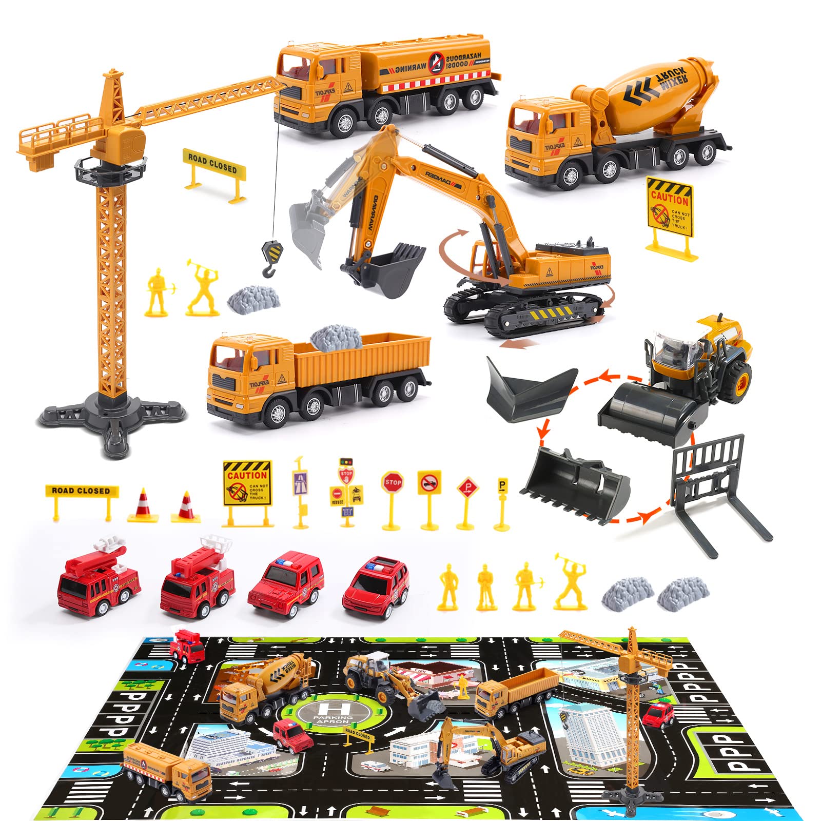 skirtoy Kids Construction Vehicles Playset with Playmat, 18" Crane Toy, 10" Excavator, Tractor, Dump Truck, Cement, 4 Firetrucks, Educational Engineering Toy Set Birthday Gift for Toddler Boy 3+