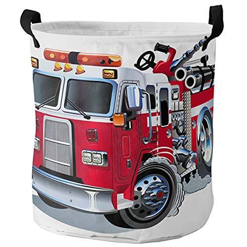 Laundry Basket Cartoon Fire Truck Red Grey Car,Waterproof Collapsible Clothes Hamper Patriotic Firefighter Trucks on White,Large Storage Bag for Bedroom Bathroom 42L