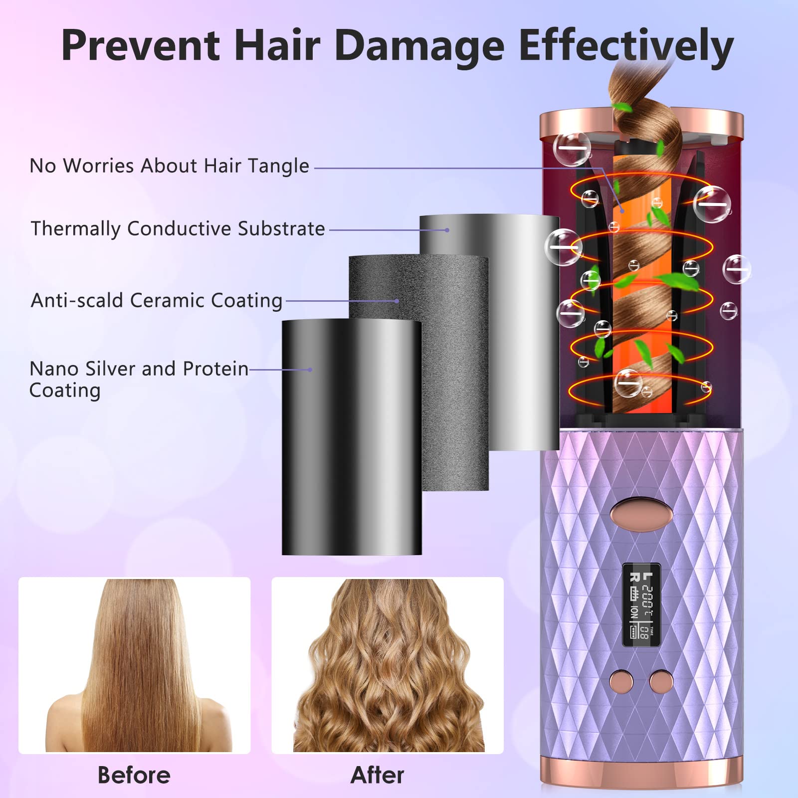 Automatic Curling Iron, Cordless Auto Hair Curler, Rotating Iron with 6 Temps & Timer, Portable Rechargeable Ceramic Barrel Wave Wand, Fast Heating Spin Irons for Styling