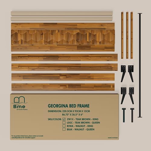 Bme Georgina King Bed Frame and Headboard, Handcrafted Geometric Pattern Solid Wood Platform Bed Frame, No Box Spring Needed, 12 Strong Wood Slats Support, Easy Assembly, Teak Brown
