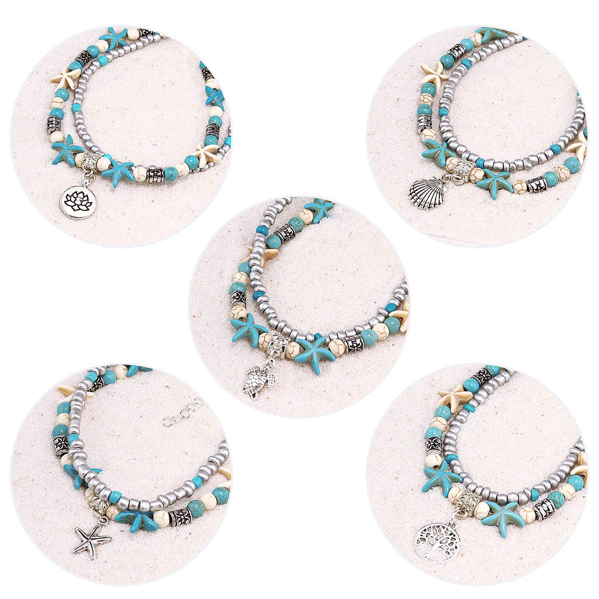 Suyi Sea Turtle Ankle Bracelet Set Multilayer Beach Anklets Handmade Boho Anklets for Women 5pcs