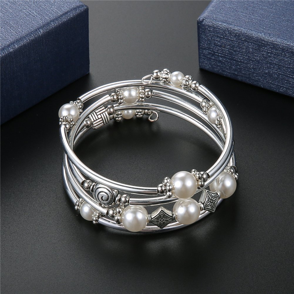 Beaded Pearl Bangle Wrap Bracelet - Fashion Bohemian Jewelry Multilayer Charm Bracelet with Thick Silver Metal Beads, Gift For Women (White)