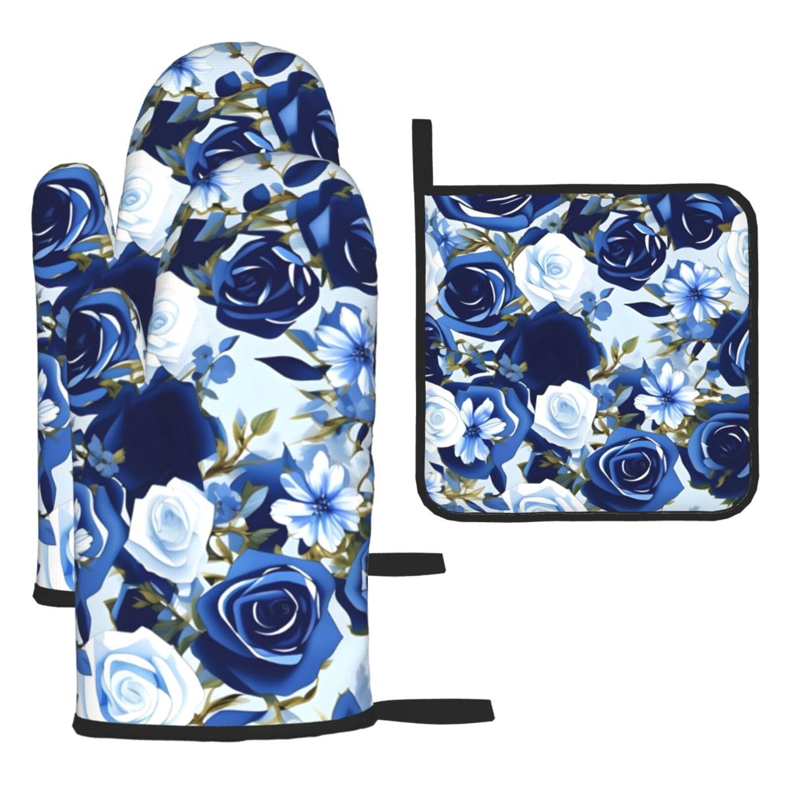 Blue Flower Floral Pattern Roses Oven Mitts and Pot Holders Set–Ultimate Heat Resistant Set for Kitchen and Dining