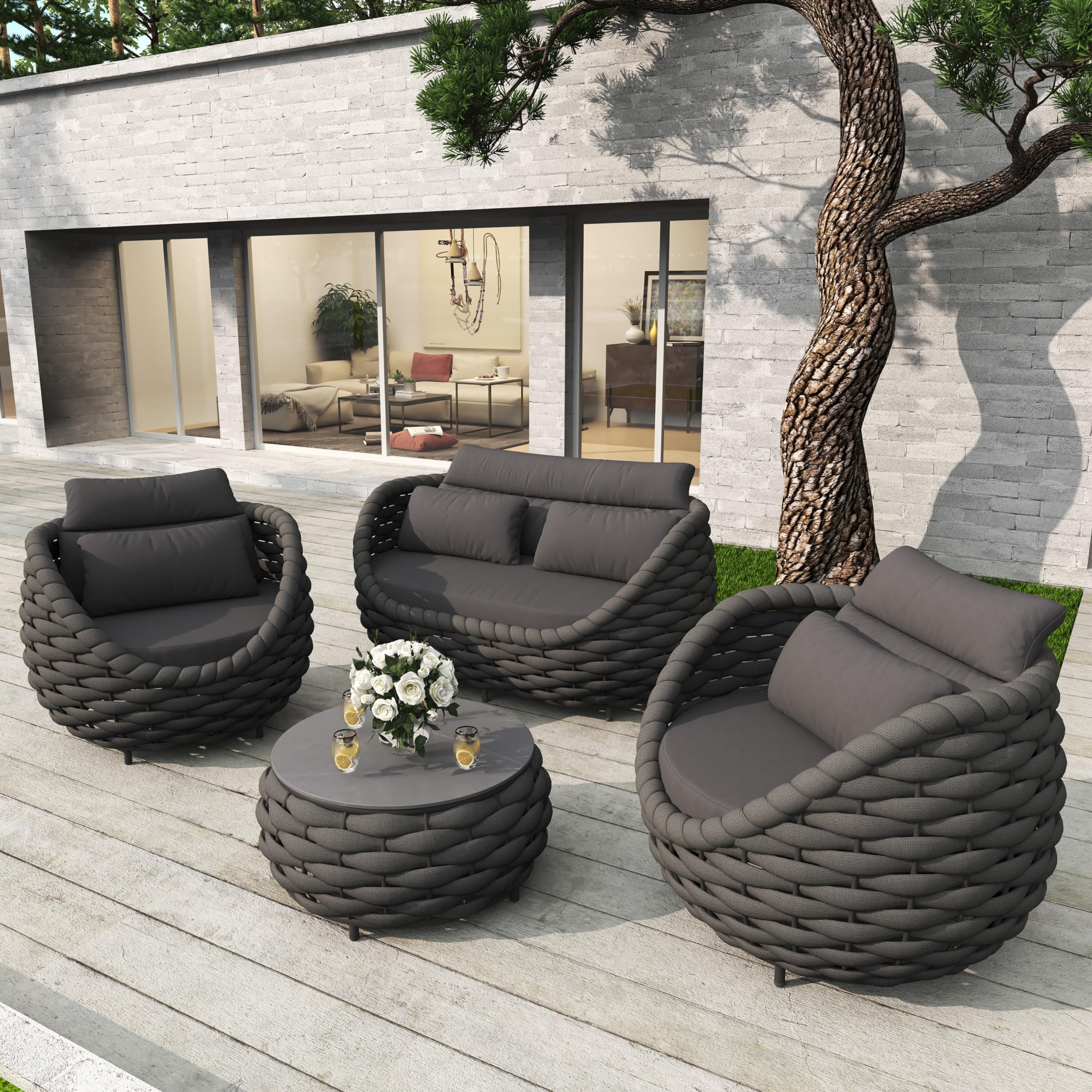 ercimi 4 Pieces Set Aluminum Outdoor&Indoor Sofa, Modern Patio Furniture Set Conversation Set with Soft Cushion and Coffee Table for Balcony Garden,Black