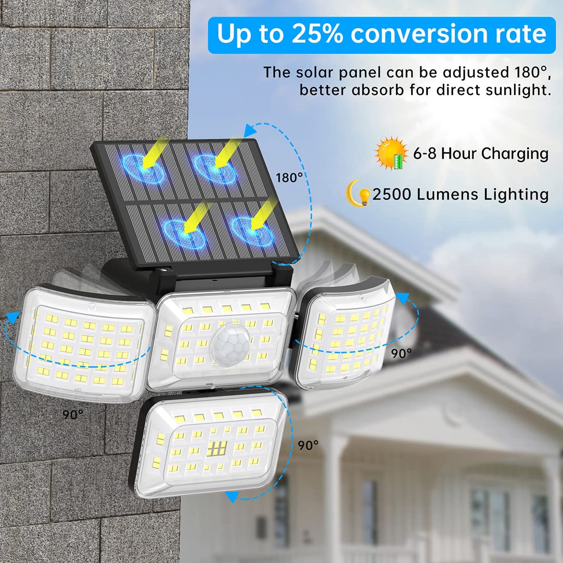 Solar Lights Outdoor, 250 LED 2500LM Security Motion Sensor Flood Light with 4 Adjustable Heads, IP67 Waterproof, 3 Modes & 300° Wide Angle Smart Outside Wall Light for Garden Pathway Garage, 2 Pack