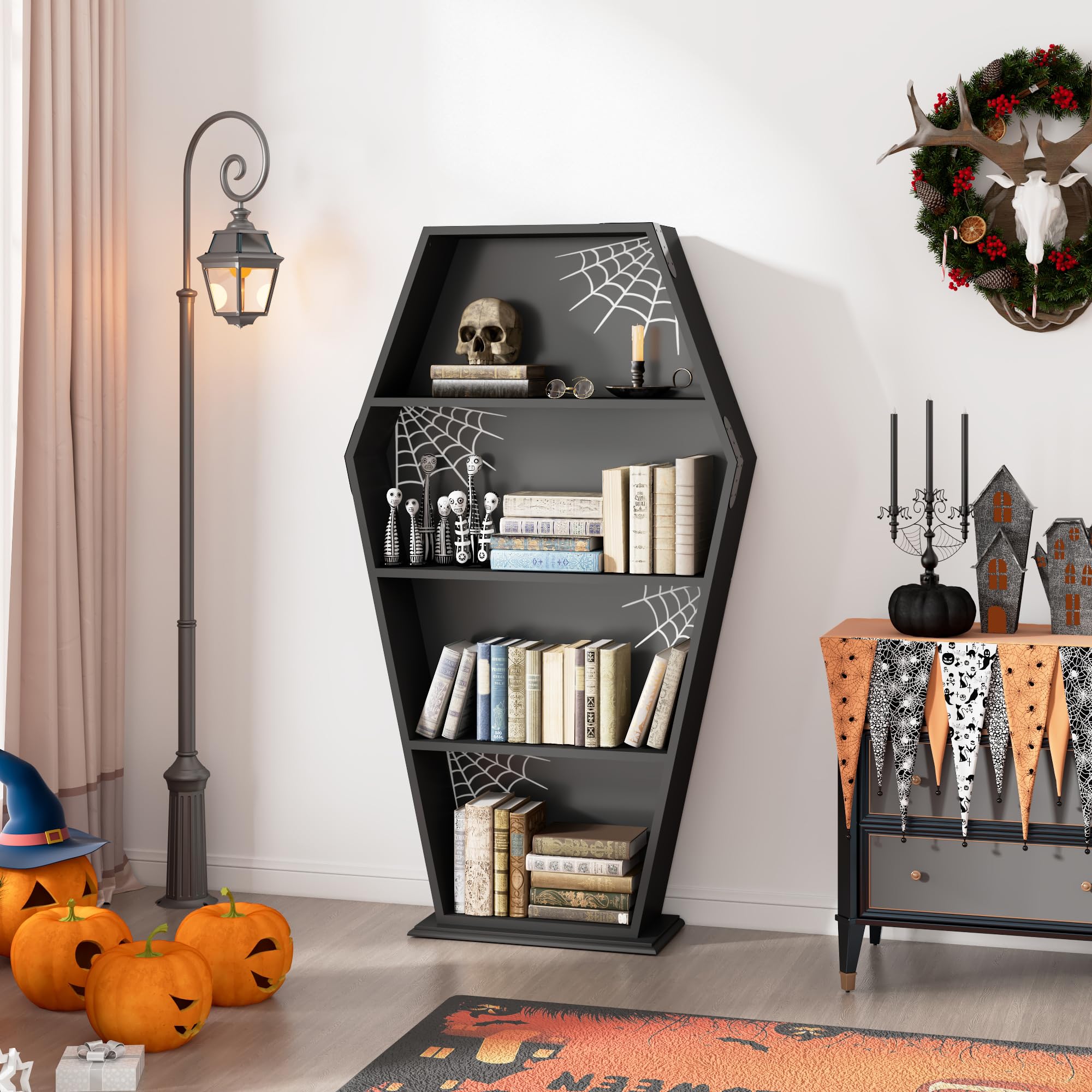 Eostbe Halloween Goth Coffin Bookshelf 48’’H - Wood Tall Coffin Shelf with Spider Web Gothic Decor,Crystal Shelf for Display, Black Spooky Curio Shelf for Home Decor, Witchy Room Decor for Oddities