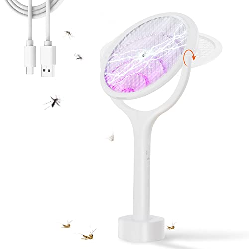 Dailytop Electric Fly Swatter, Rotatable Indoor Bug Zapper Racket, USB-C Rechargeable Mosquito Killer, 3500V High-Voltage Mosquito Zapper with UV Light, Standing Base, and Wall Mount