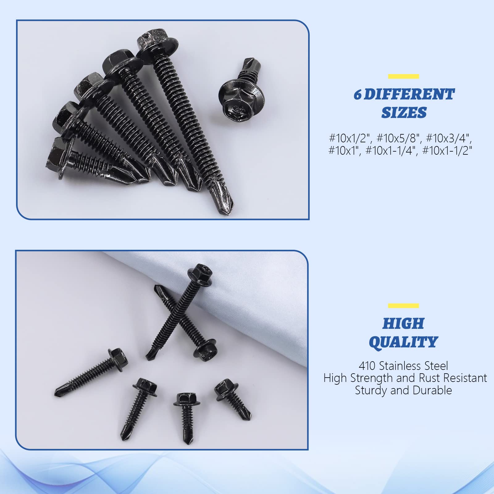 Glarks 165Pcs 410 Stainless Steel #12 Hex Washer Head Self Drilling Screws Assortment Kit 6 Size Black #12x5/8, #12x3/4, #12x1, #12x1-1/4, #12x1-1/2, #12x2 Sheet Metal Screws with Drill Point