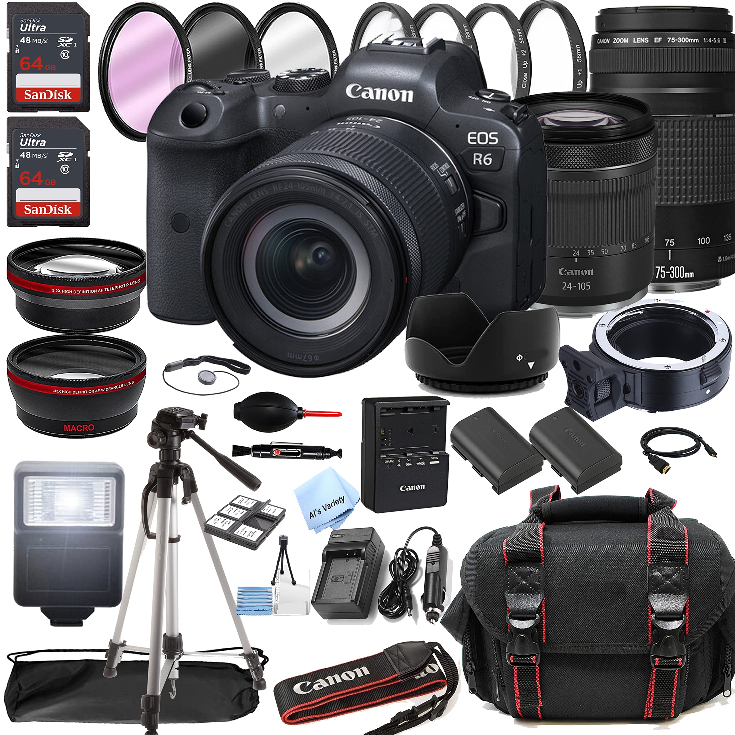Canon EOS R6 Mirrorless Digital Camera with RF 24-105mm f/4-7.1 STM Lens + 75-300mm F/4-5.6 III Lens + 128GB Memory + Case + Tripod + Filters (41pc Bundle)