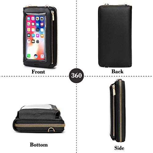 Small Touch Screen Phone Bag for Women, Zipper Crossbody Purse Leather Shoulder Bag RFID Blocking Wallet Handbag(T-Black)