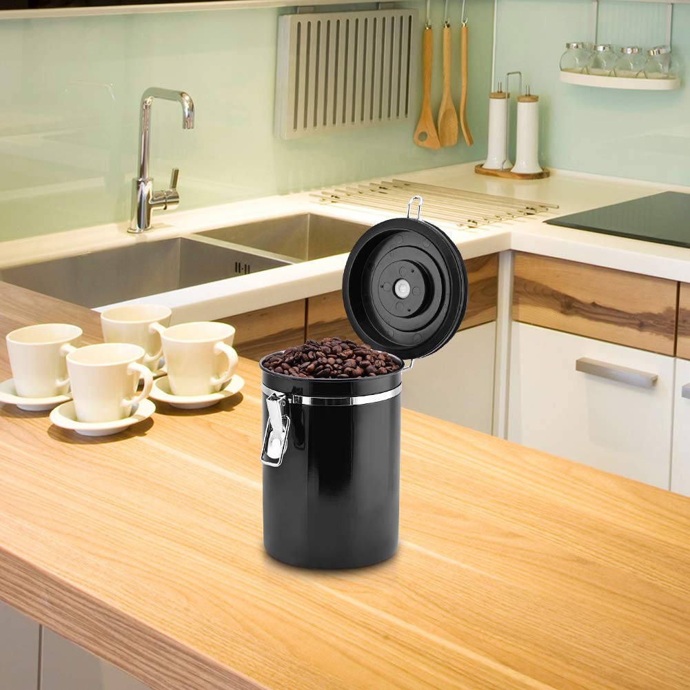 Coffee Container Vacuum Sealed, Large Airtight Stainless Steel Coffee Container for Whole Beans/Ground Coffee (Black 1.8L)