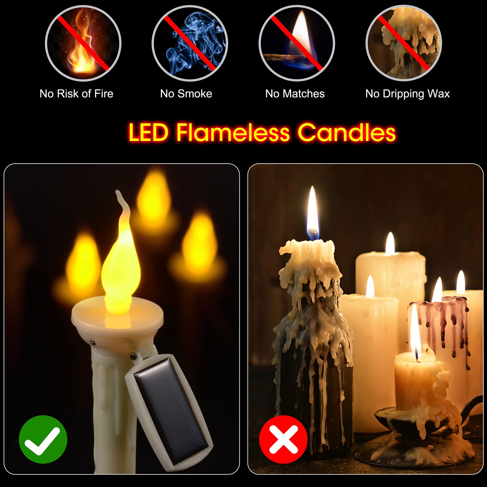 Solar Window Candles with Candlesticks Holders, PChero 6 Packs Waterproof Rechargeable LED Taper Candles with Dusk to Dawn Light Sensor for Outdoor Garden Patio Table Windowsill Decor