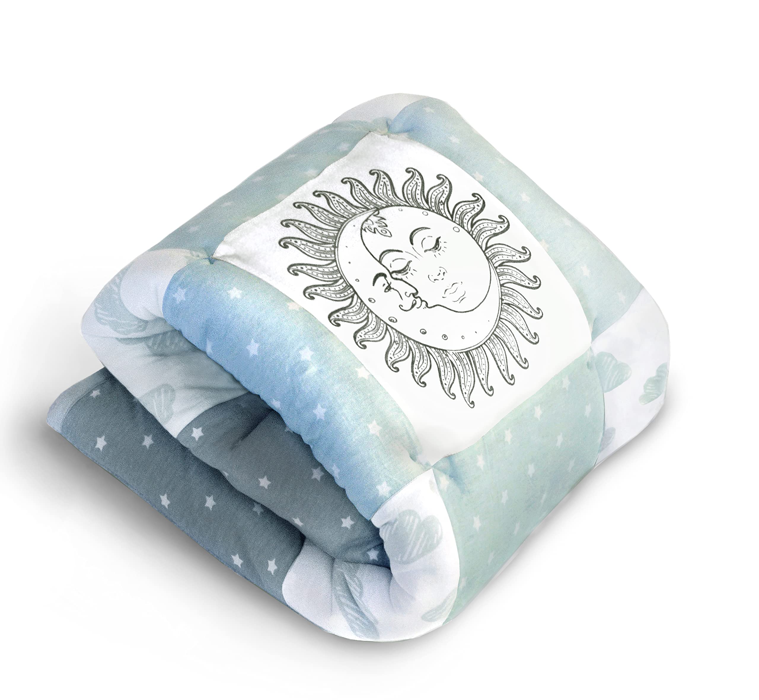 Cambria Baby Organic Cotton Baby Quilt. Thick Comforter Blanket with Thermal Polyester Batting. Neutral Patterns for Boys and Girls. Machine Washable. (Gray and Sage Sky)