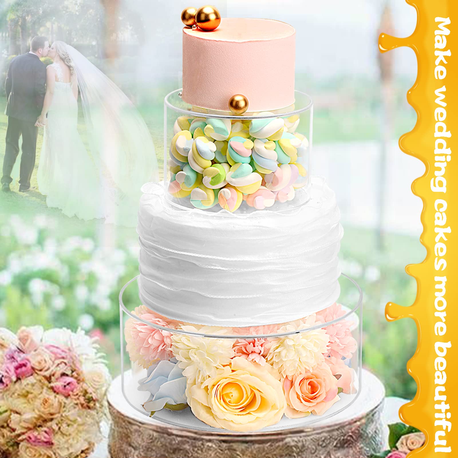 Choowin 2 Pcs Clear Acrylic Cake Stand with Lid Fillable Cake Stand Cake Riser Cake Tier Cake Display Round Cake Stand Wedding Cake Stand Cylinder Stand for Party Birthday(12 inch,8 inch,with Lights)