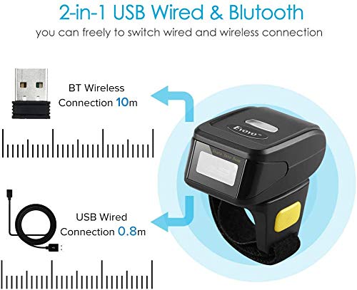 Eyoyo 1D Wireless Ring Barcode Scanner, Compatible with Bluetooth Function & 2.4GHz Wireless & Wired Connection, Portable Wearable Mini Finger Bar Code Reader Work with Windows, Mac OS, Android 4.0+,