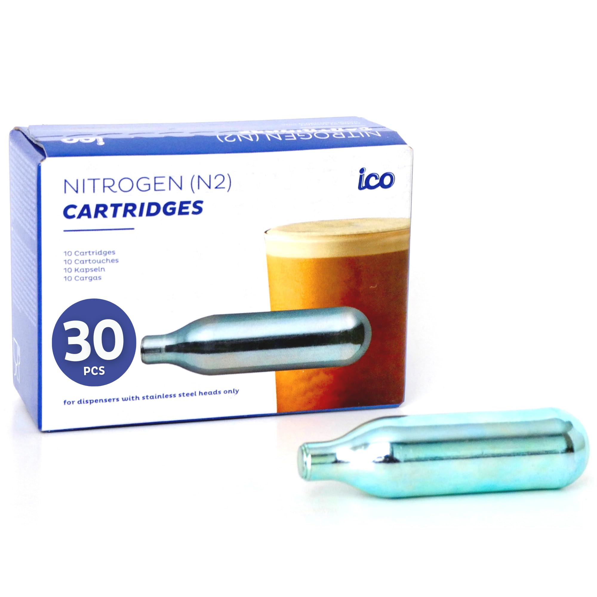 ICO 30pcs Nitrogen Cartridges, N2 Cartridges for Nitro Cold Brew Coffee Maker, Non-Threaded Nitro Cartridge for Making Nitro Cold Brew and Nitro Infused Beverages, 2g