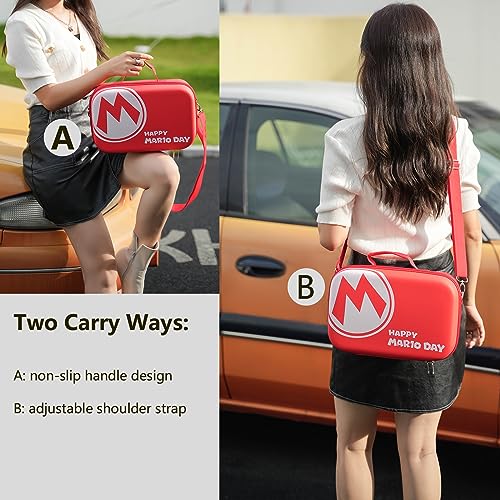 Mario Carrying Case for Nintendo Switch/OLED Model,Deluxe Portable Travel Case Messenger Bag fit Switch Console & Full Set Game Accessories with Mesh Pocket,18 Games & Removable Shoulder Strap