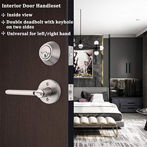 Gobrico Keyed Alike Entry Door Locksets with Double Cylinder Deadbolt Lock Combo Sets,Brushed Nickel Exterior Entrance Door Levers,Front Door Handle Sets,3 Pack