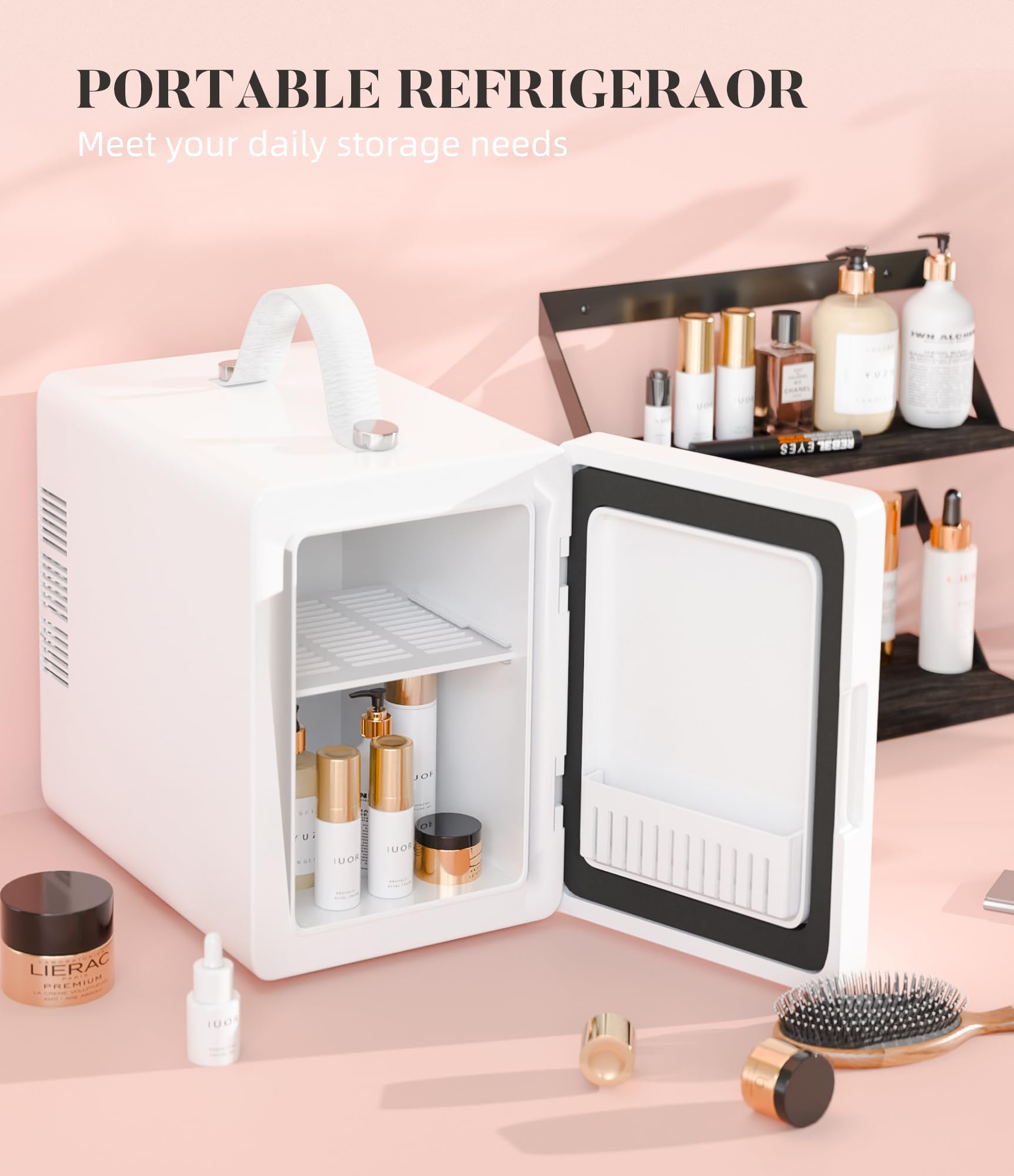 BOGDA 4L Mini Skincare Fridge with Dimmable LED Light Mirror, Cooler and Warmer Temperature Control Digital Display, Portable Cosmetic Refrigerator for Makeup, Skin Care, Bedroom Office Car, White