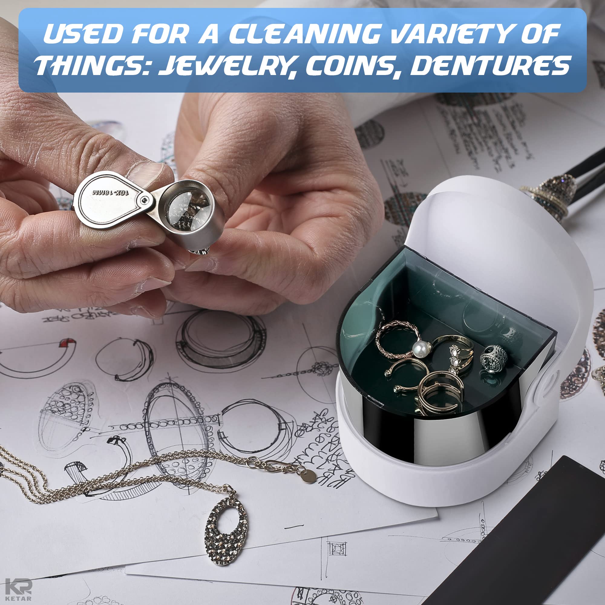 Sonic Cordless Denture Cleaner for Jewellery Ring, Necklace, Coins & Dentures - Portable Battery Vibrating Machine for Professional or Personal Use