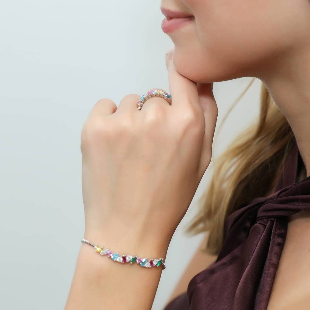BERRICLE Sterling Silver Cluster Multi Color Cubic Zirconia CZ Stackable Fashion Anniversary Band for Women, Rhodium Plated Size 6