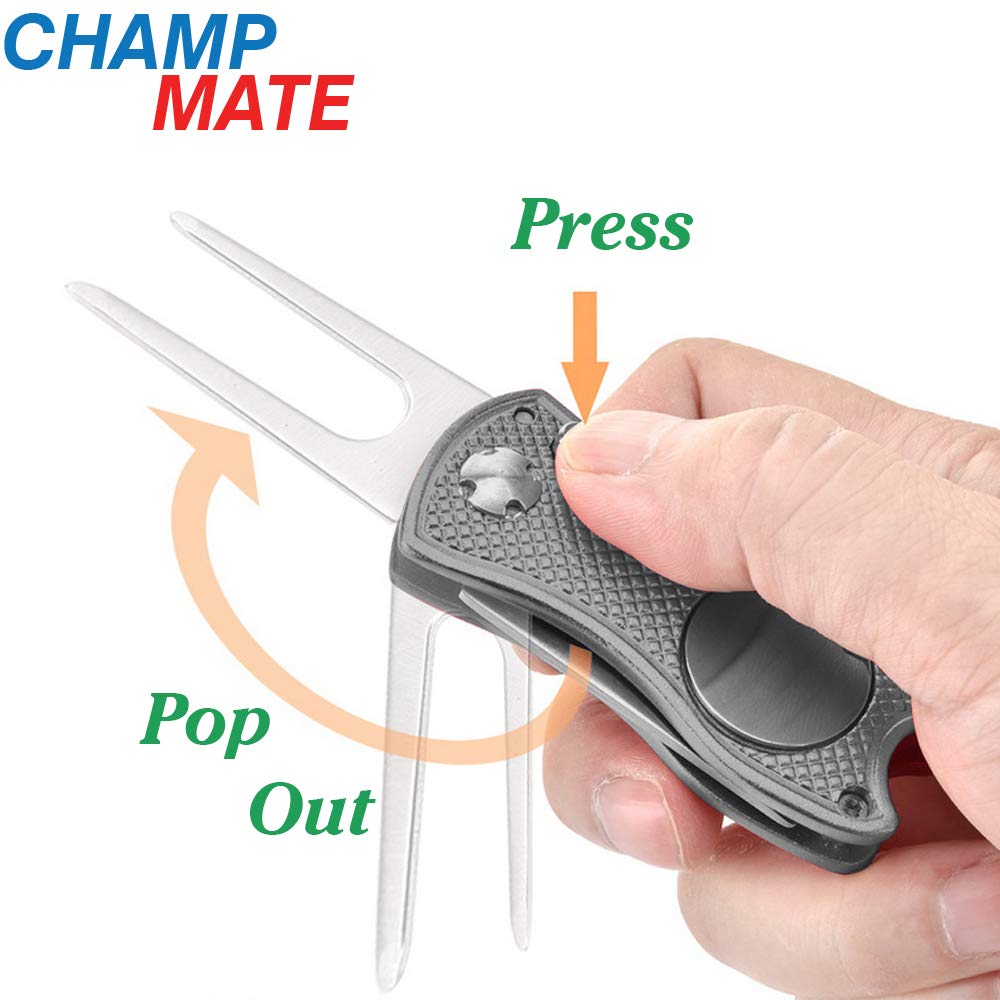 Champmate Golf Divot Tool, Stainless Steel Switchblade and Foldable Magnetic with USA Golf Ball Marker in 5 Designs (Red Eagle)