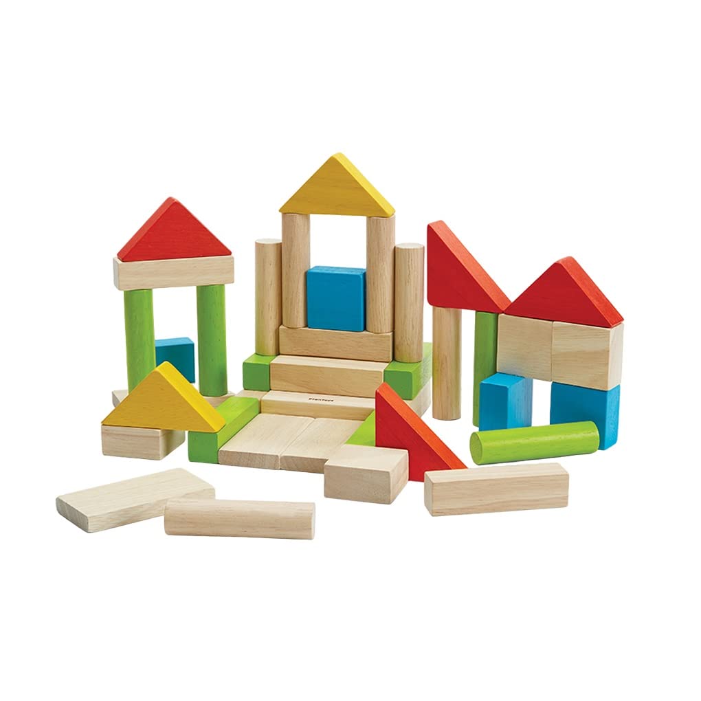 PlanToys Wooden Building Blocks - 40 Unit Blocks Natural and with Color (5513) | Sustainably Made from Rubberwood and Non-Toxic Paints and Dyes