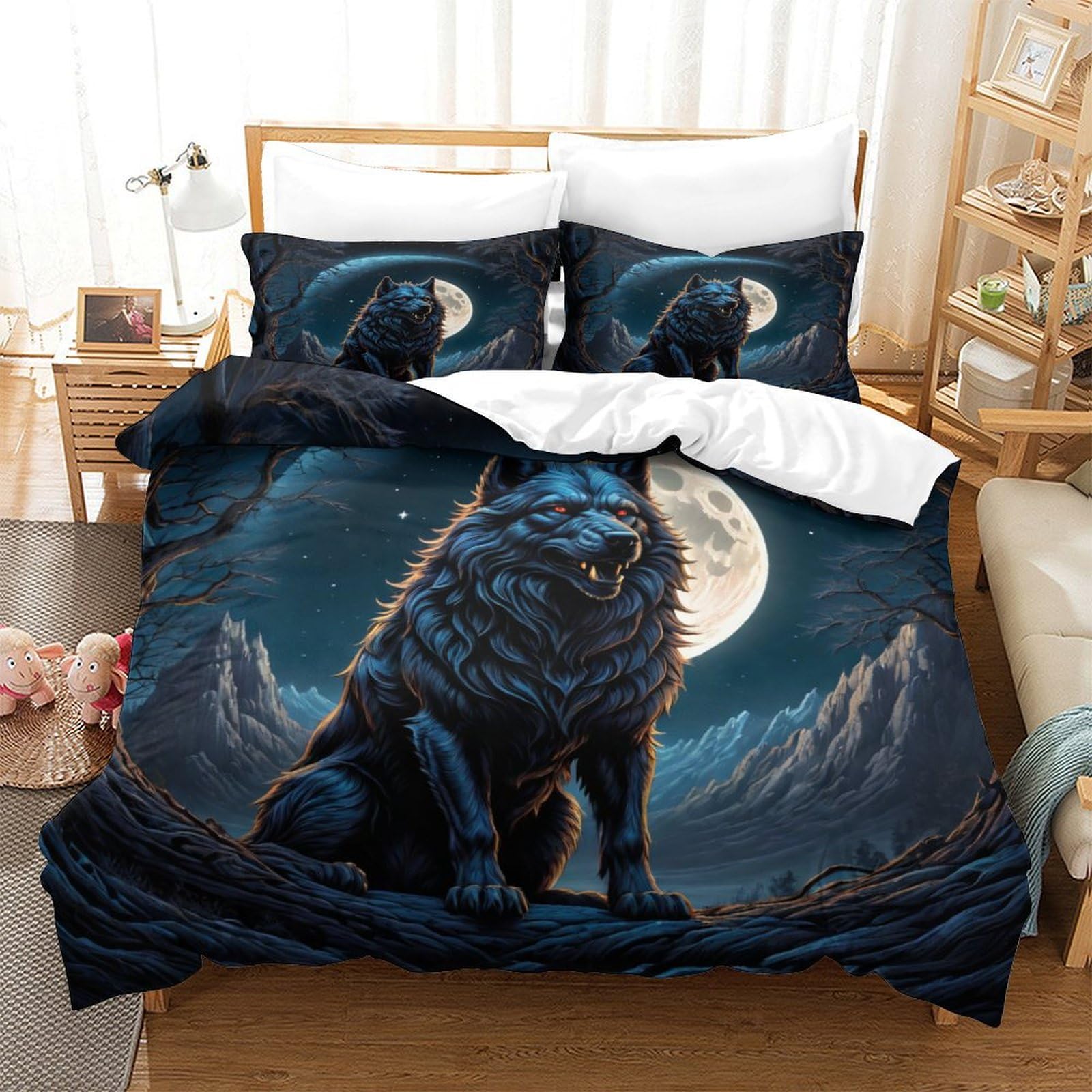 EVMILA Gothic Wolf for Teens and Adults Duvet Cover Quilt Cover 3D Print Scary Night Comforter Covers Soft Microfiber with Zipper Closure Bedding Set with Pillow Cases 3 Pieces Twin(173x218cm)