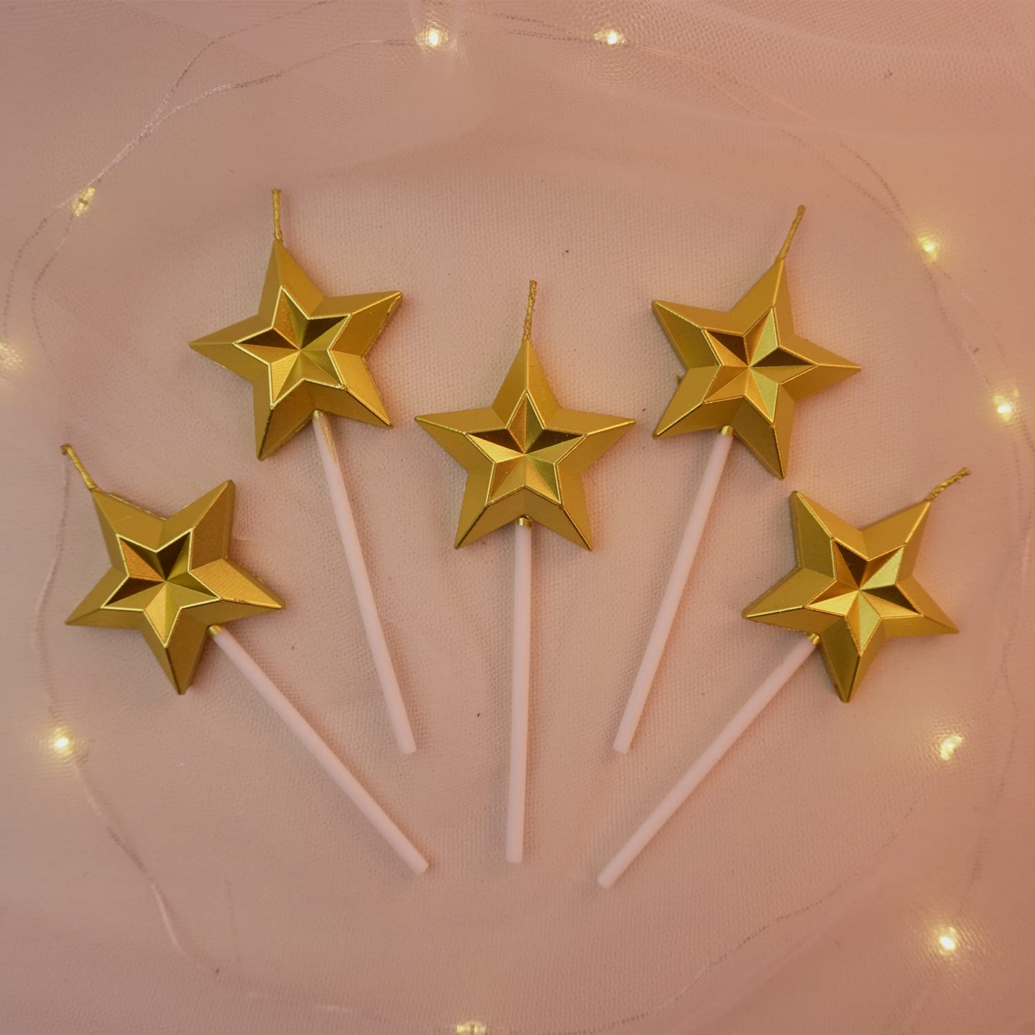Saododku Birthday Candles, Star Shaped Gold Birthday Candles for Cake, 5pcs Metallic Color Stereo Shaping Cake Candles Set, Sparkler Candles for Birthday Cake, Happy Birthday Candles for Party