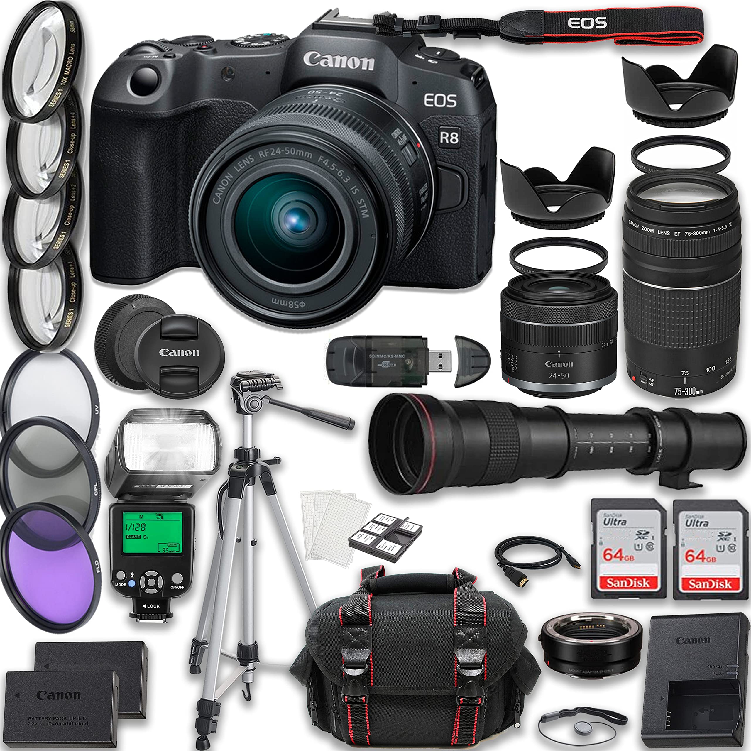 Canon EOS R8 Mirrorless Camera RF 24-50mm f/4.5-6.3 is STM + EF 75-300mm III + 420-800mm HD Lenses + Accessories Included: 2X 64GB Memory Cards, TTL Flash, Extra Battery, Tripod & More