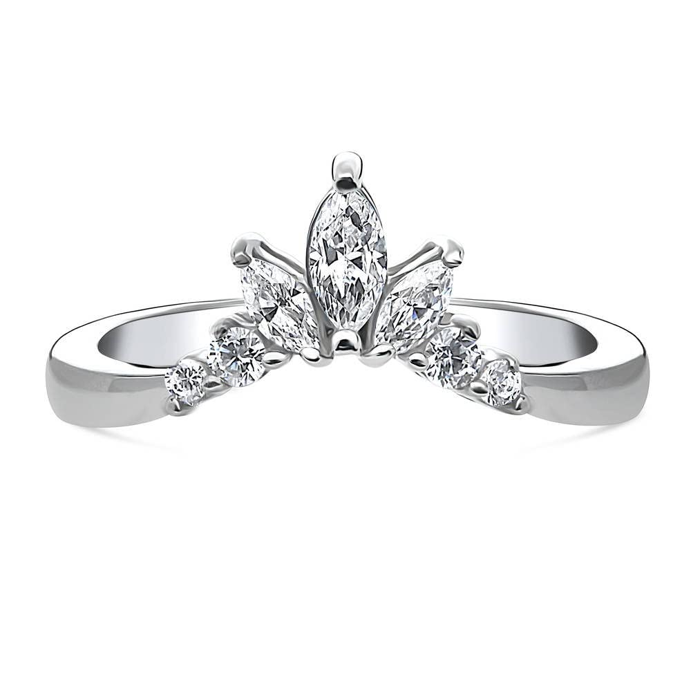 BERRICLE Sterling Silver Flower Wedding Rings Cubic Zirconia CZ 7-Stone Curved Band for Women, Rhodium Plated Size 10