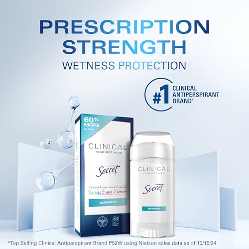 Secret Clinical Strength Antiperspirant Deodorant for Women, Waterproof, 3X Stress Protection, 72hr Sweat & Odor Protection, PH Balancing Minerals, Soft Solid, 2.6 oz