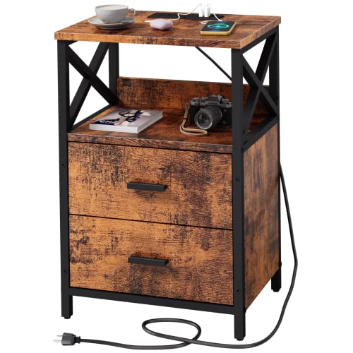 LTTDOUK Nightstand with Charging Station, Vintage End Table with 2 Wooden Drawers, Side Table with USB Ports and Outlets, Modern Bedside Tables with Open Storage for Bedroom, Living Room
