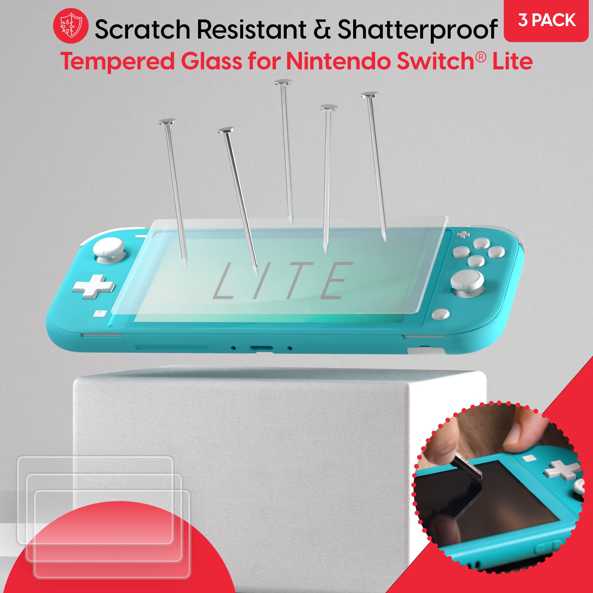 TALK WORKS Screen Protector Compatible with Nintendo Switch Lite - Scratch, Crack, and Shatter Resistant-Ultra-Thin HD Touchscreen Tempered Glass, See-Through Cover & Easy Installation (Pack of 3)